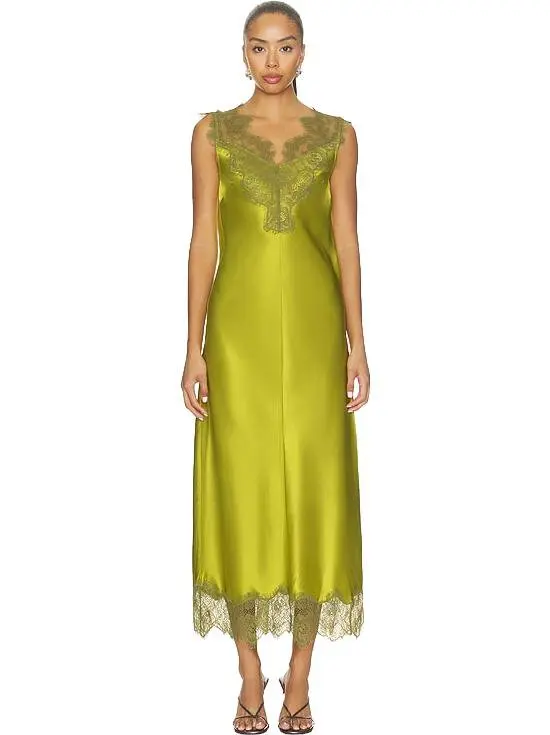 SIMONMILLER Bea Satin Lace Midi Dress In Green - Chartreuse