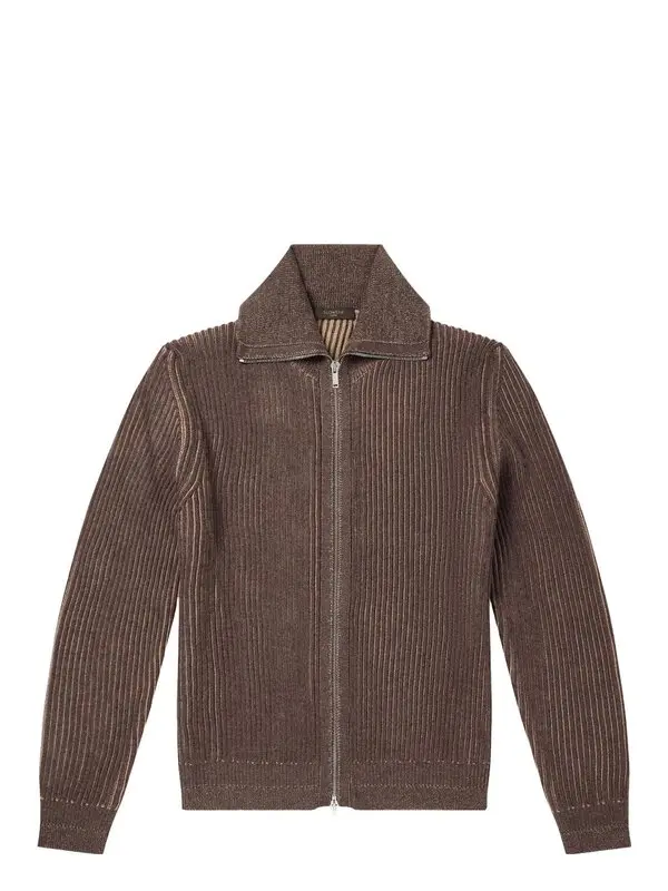 SLOWEAR Zanone Ribbed Virgin Wool Zip-up Sweater - Brown