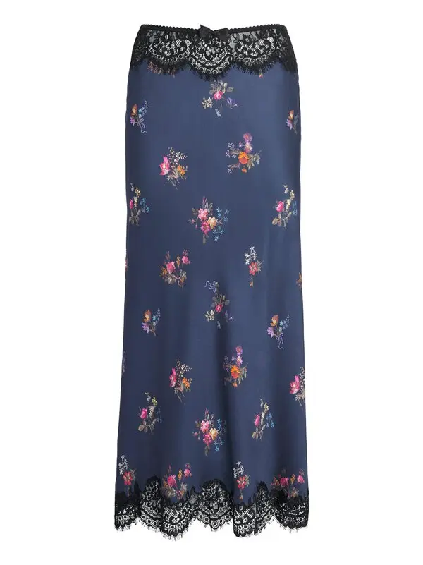 SELF-PORTRAIT Satin Floral Print Maxi Skirt - Navy