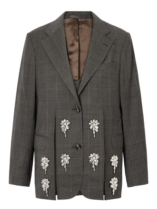 Simone Rocha Embellished Prince Of Wales Stretch-wool Blazer - Gray