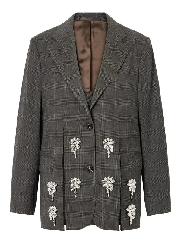 Simone Rocha Embellished Prince Of Wales Stretch-wool Blazer - Gray