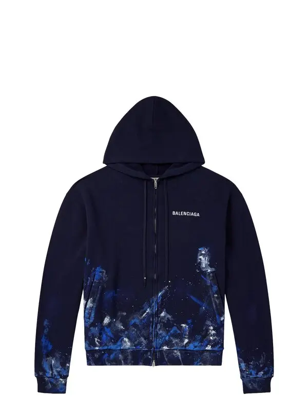 Balenciaga Logo-embroidered Paint-splattered Cotton-jersey Zip-up Hoodie - Blue