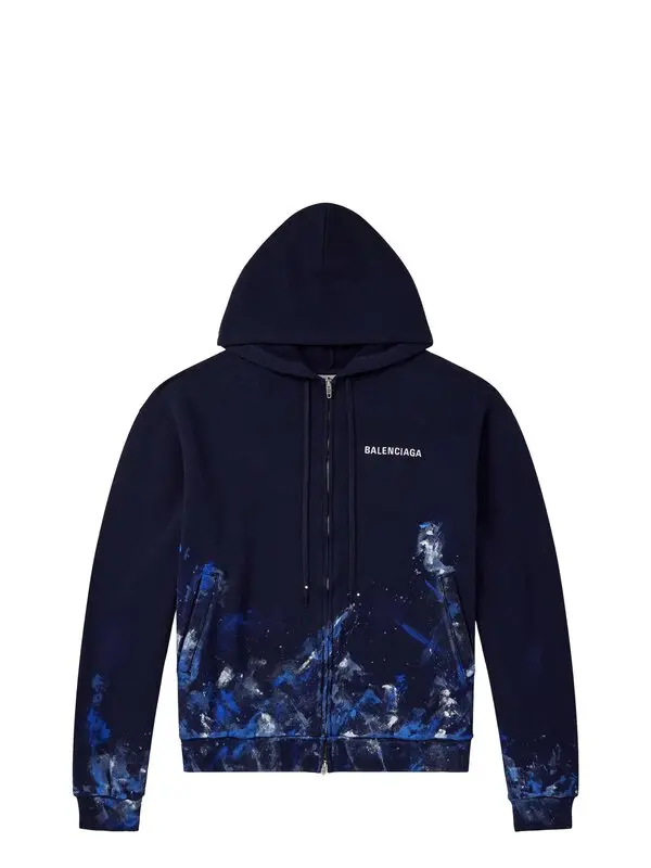 Balenciaga Logo-embroidered Paint-splattered Cotton-jersey Zip-up Hoodie - Navy