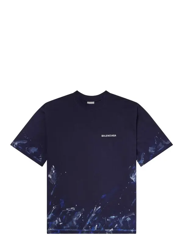 Balenciaga Logo-embroidered Paint-splattered Cotton-jersey T-shirt - Blue