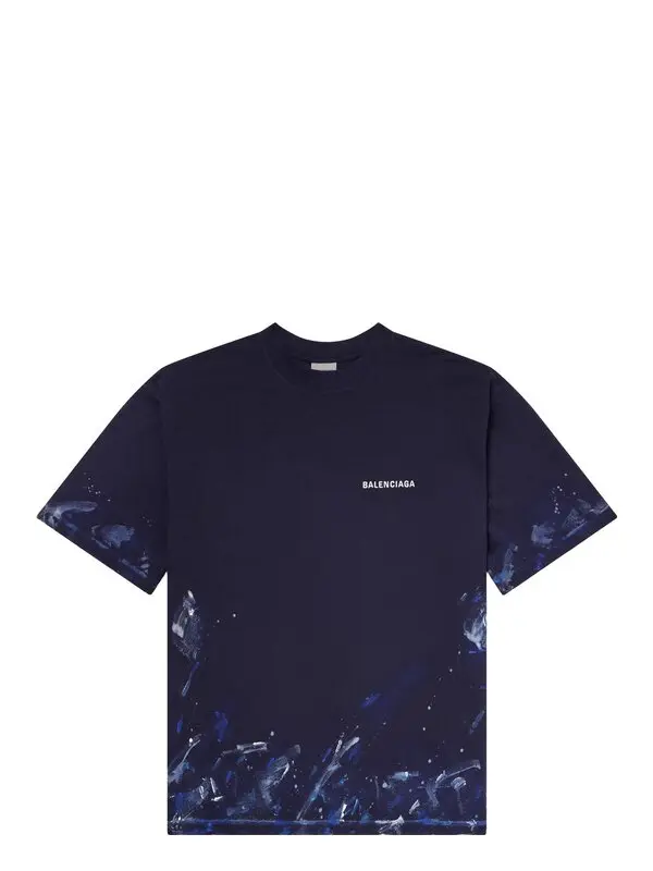 Balenciaga Logo-embroidered Paint-splattered Cotton-jersey T-shirt - Blue