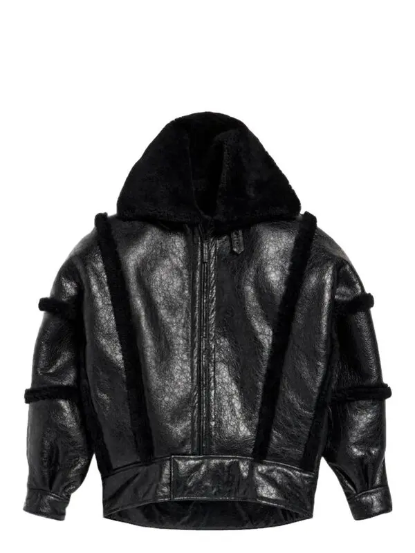 Balenciaga High Collar Leather Jacket With Shearling Details And Lining - Black