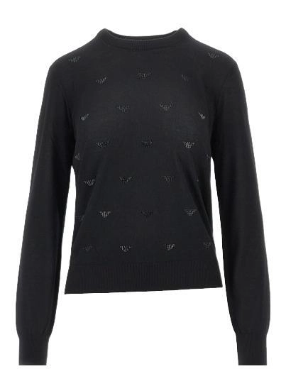Emporio Armani Crew-neck Pullover With Rhinestone Eagle Logo - Black