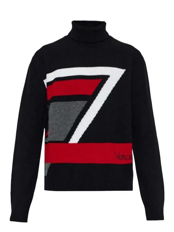 Versace Wool Intarsia Knit Turtleneck Sweater - Black