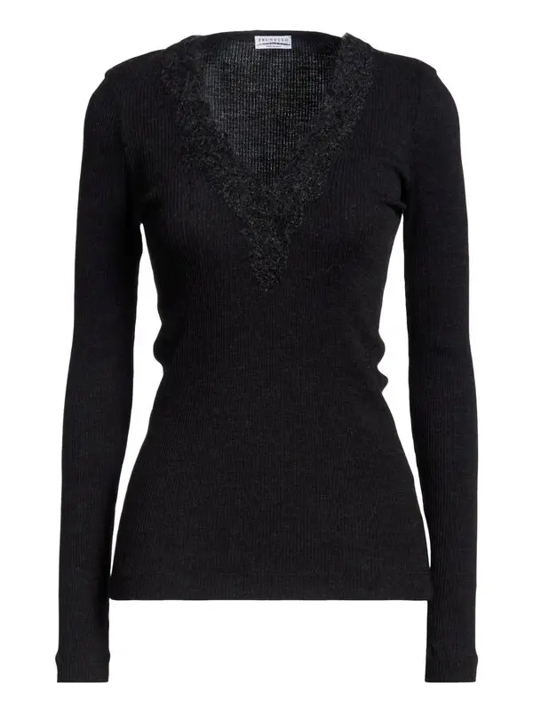 Brunello Cucinelli Wool Vneck Knit Sweater - Black