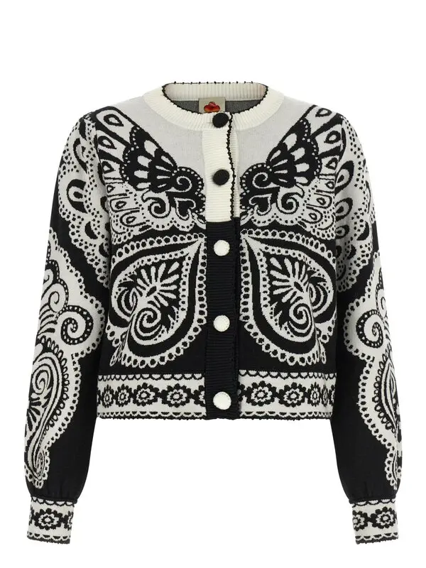 Farm Rio Long-sleeve Open-front Knit Cardigan - White/black
