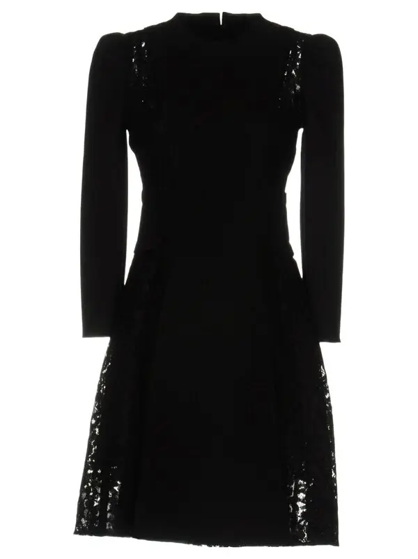 Dolce & Gabbana Long Sleeve Flared Crepe Dress With Lace Accents - Black
