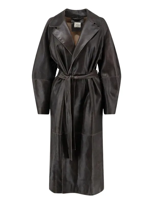 ALYSI Belted Long Leather Trench Coat - Black