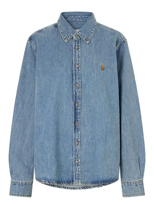 AMI Paris Logo-embroidered Denim Shirt - Mid Denim