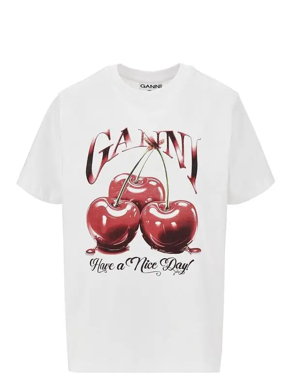 GANNI Cherry Print Relaxed Fit T-shirt - White