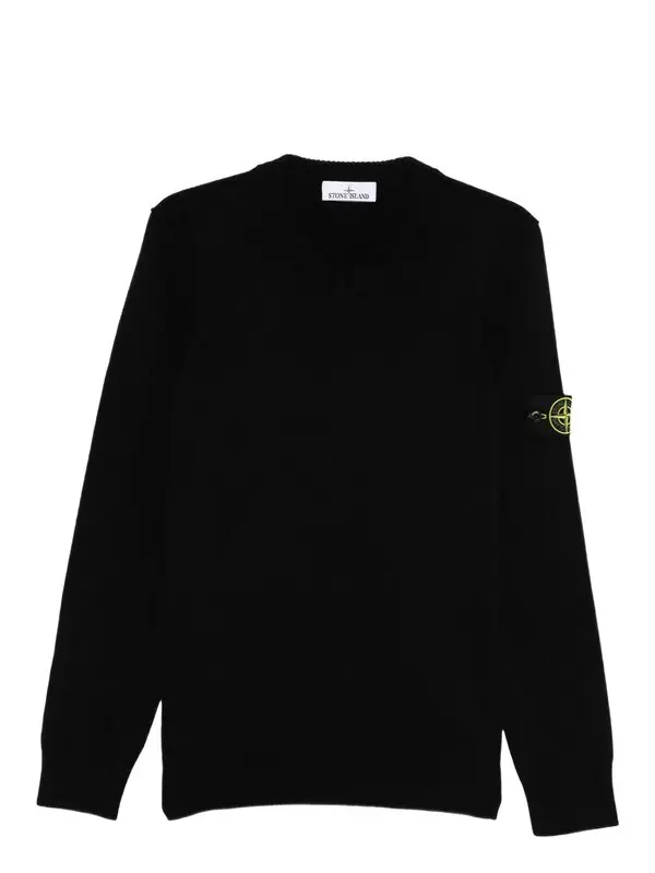 Stone Island V-neck Logo-badge Sweater - Black