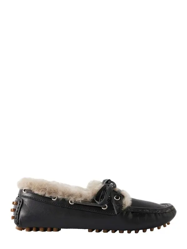 Brunello Cucinelli Bead-embellished Shearling-lined Leather Boat Shoes - Black