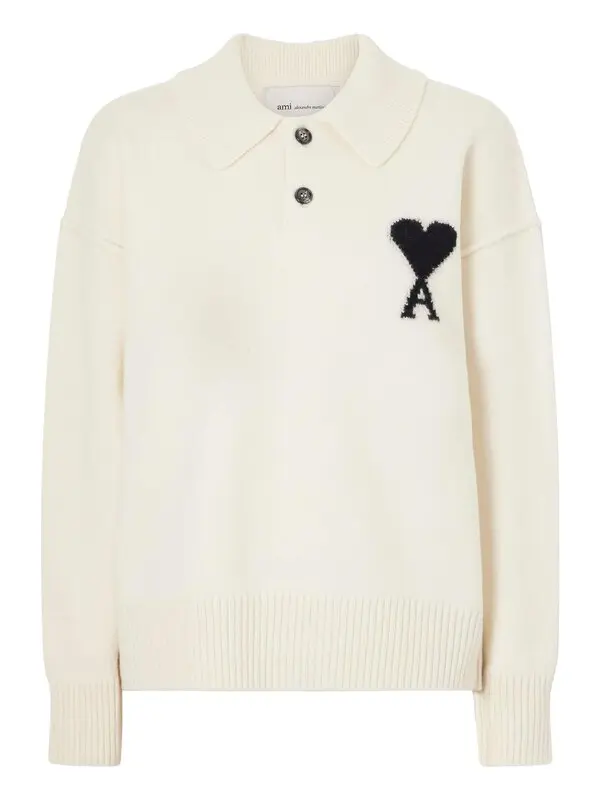 AMI Paris Intarsia Wool Polo Sweater - Cream