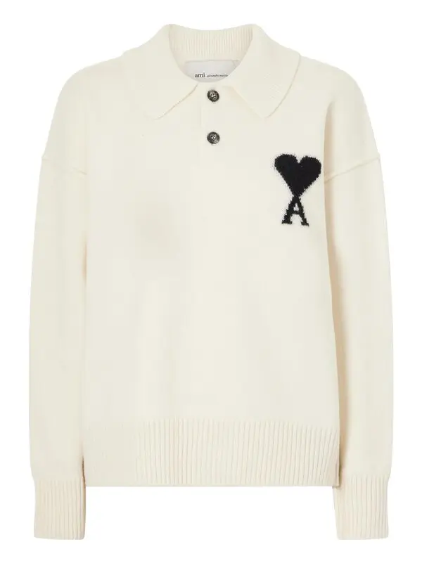 AMI Paris Intarsia Wool Polo Sweater - White