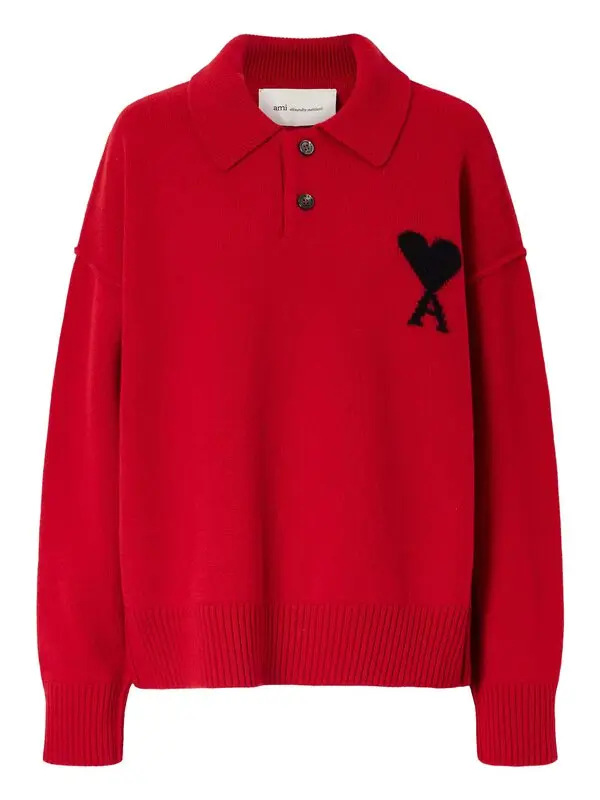 AMI Paris Virgin Wool-intarsia Polo Sweater - Red