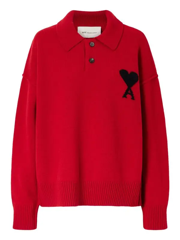 AMI Paris Virgin Wool Intarsia Polo Sweater - Red