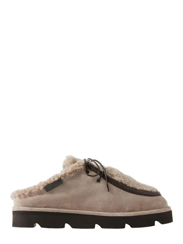 Brunello Cucinelli Shearling-trimmed Suede Clogs - Brown