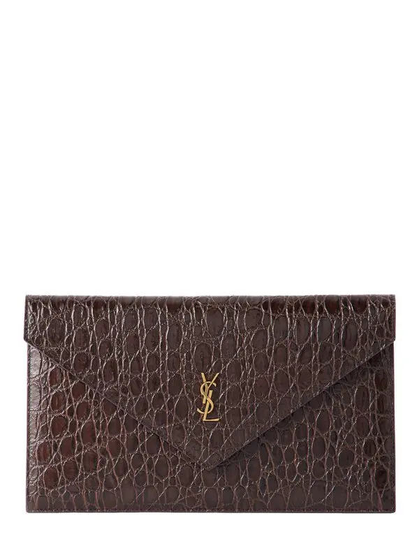 Saint Laurent Logo Detailed Croc-effect Leather Clutch - Brown