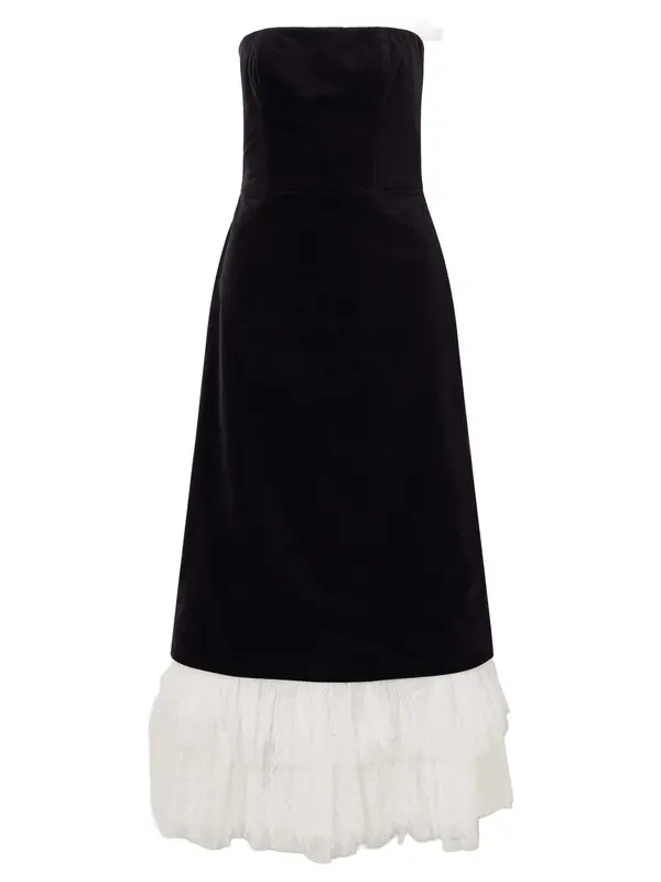 Costarellos Isabetta Strapless Tulle And Lace-trimmed Cotton-velvet Midi Dress - Black