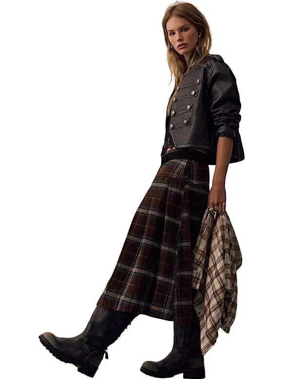 Free People Skipper Pleated Midi Skirt - Chocolate Combo