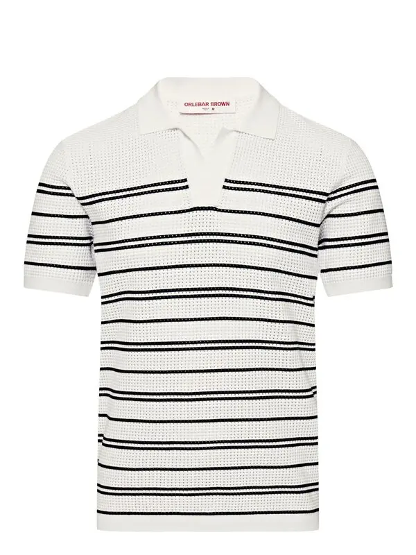 Orlebar Brown Stripe Tailored Fit Waffle Mesh Stitch Polo Shirt - White/night Iris