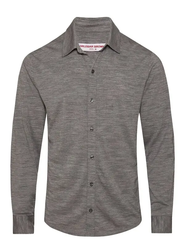 Orlebar Brown Melange Tailored Fit Claic Collar Merino Hirt - Grey