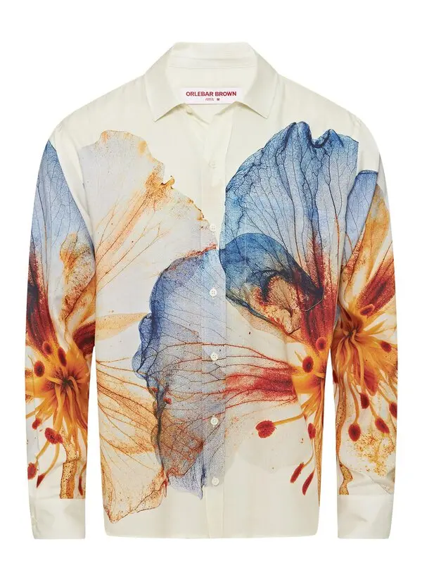 Orlebar Brown Relaxed Fit Classic Collar Oshibana Print Shirt In Sand - White