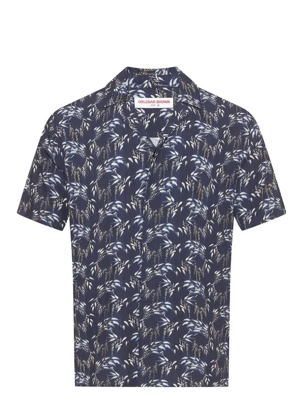 Orlebar Brown Relaxed Fit Capri Collar Catkin Print Linen Hirt In Night Iri - Blue