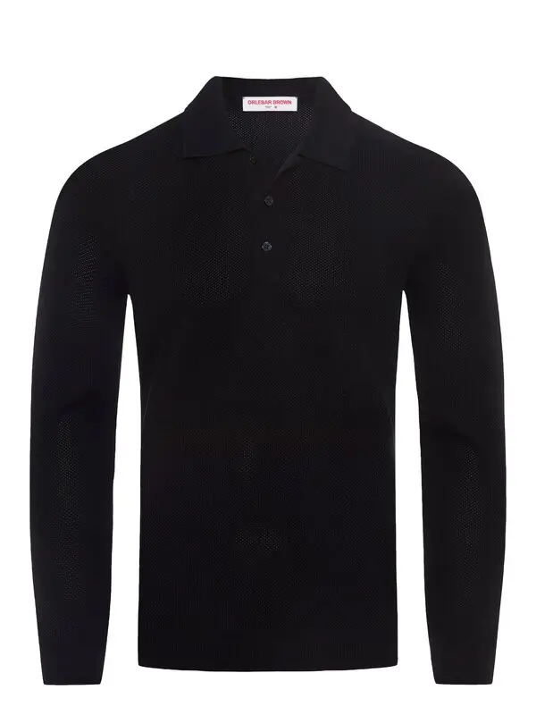 Orlebar Brown Claic Fit Long Leeve Pique Titch Polo Hirt In Night Iri - Blue