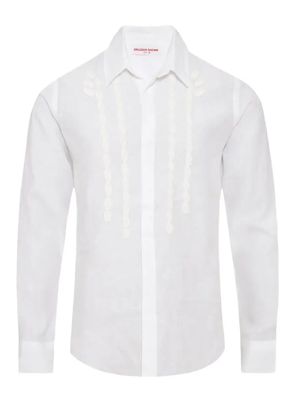Orlebar Brown Classic Collar Tailored Fit Linen Shirt With Leaf Applique - White