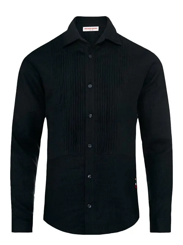 Orlebar Brown Cutaway Collar Tailored Fit Cotton Linen Hirt With Pleated Bib In Night Iri - Blue