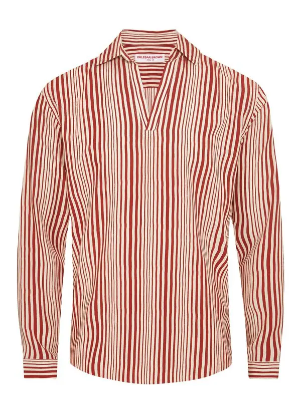 Orlebar Brown Relaxed Fit Open Reort Placket Hore Tripe Linen Hirt In Ummer /white - Red