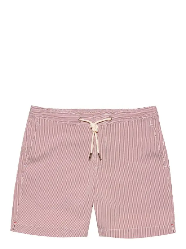 Orlebar Brown Mid-length Drawcord Seersucker Swim Shorts - Dark Ruby/white Stripe