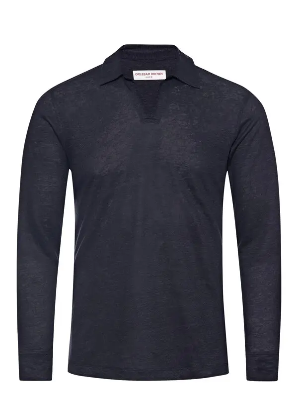 Orlebar Brown Night Iris Tailored Fit Long-sleeve Resort Collar Linen Polo Shirt - Blue