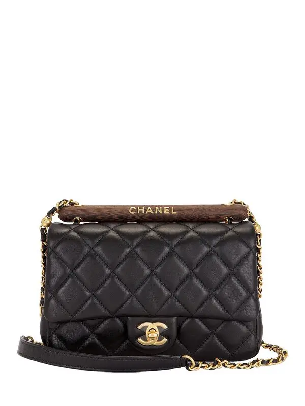 Chanel Lambskin Flap Bag With Wenge Wood Handle - Black