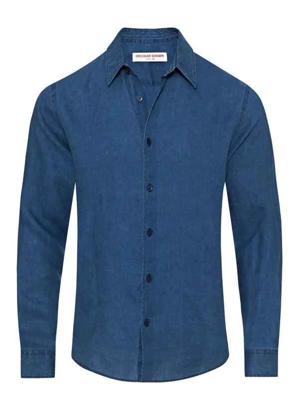 Orlebar Brown Dyed Linen Tailored Fit Claic Collar Hirt Woven In Italy - Deep Indigo