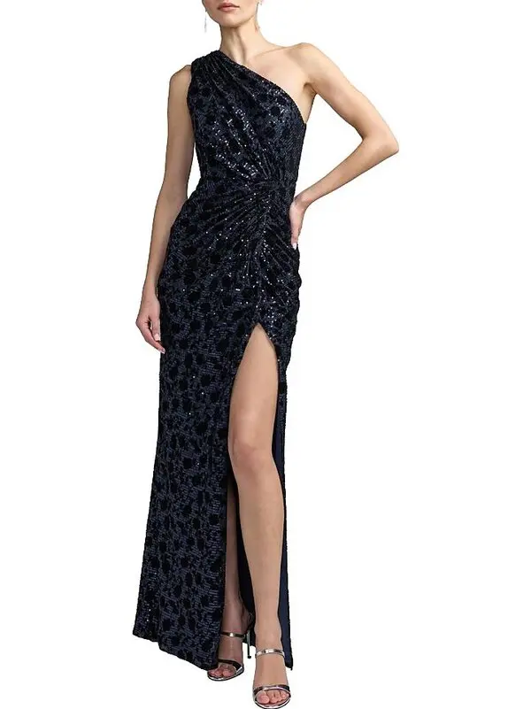 Mac Duggal Floral One Shoulder Sequin Gown With Slit - Midnight