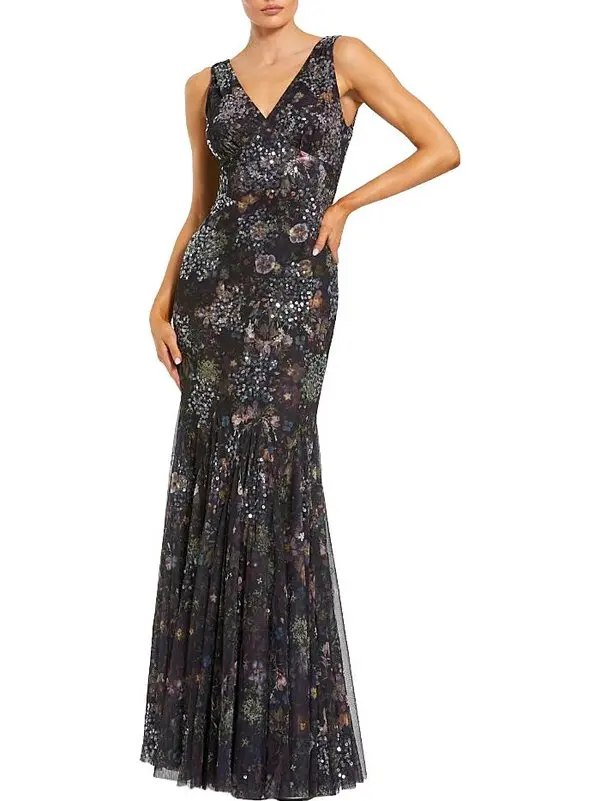 Mac Duggal Embellished Floral Sleeveless V-back Gown - Black Multi