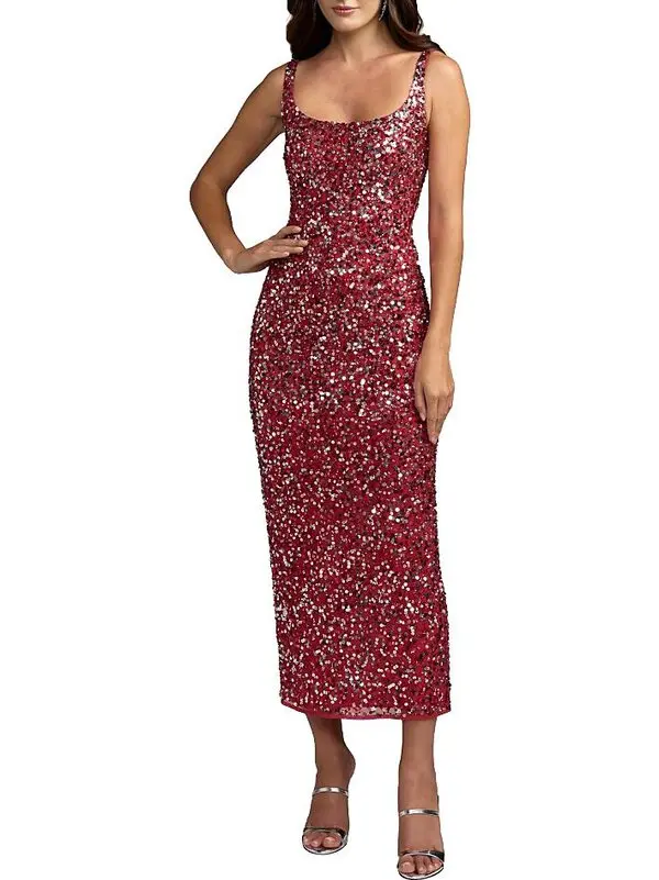 Mac Duggal Sleeveless Scoop Neck Sequin Ankle Dress - Red