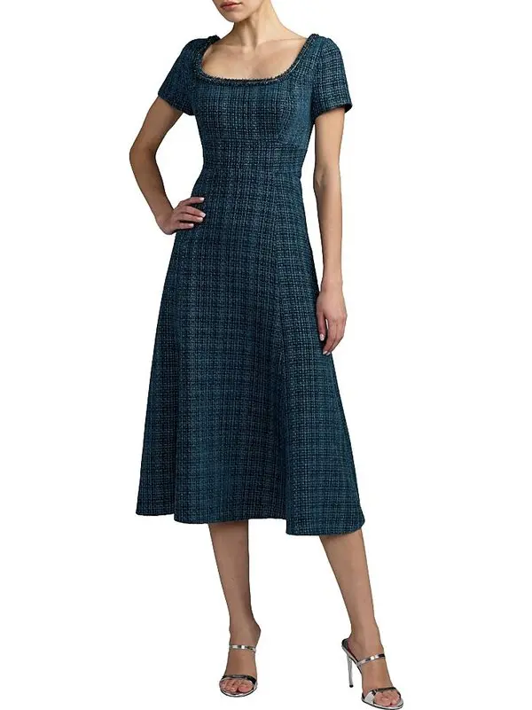 Mac Duggal Petite Short Sleeve Embellished Boucle Midi Dress - Teal