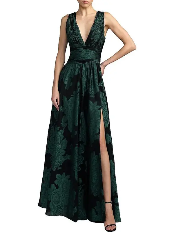 Mac Duggal Burnout Chiffon Sleeveless V Neck A Line Gown - Emerald Multi