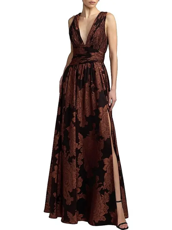 Mac Duggal Burnout Chiffon Sleeveless V-neck A-line Gown - Spice Multi