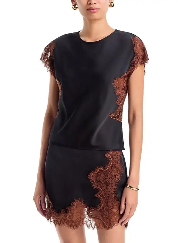 Aqua Cap Sleeve Lace Trim Satin Top Exclusive - Black/brown