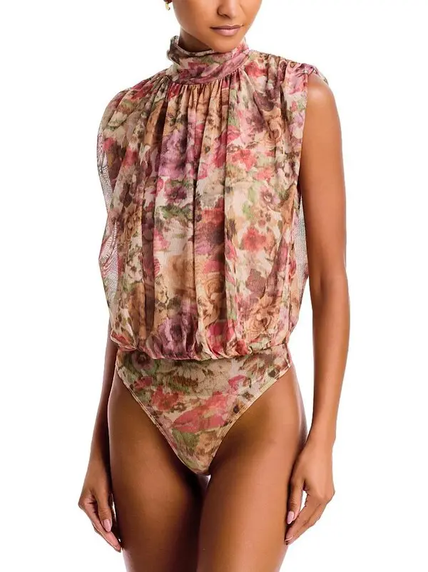 Aqua Mock Neck Mesh Blouson Bodysuit Exclusive - Brown Multi