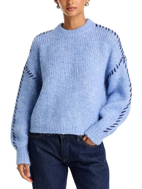 Aqua Whipstitch Trim Crewneck Sweater Exclusive - Blue/navy