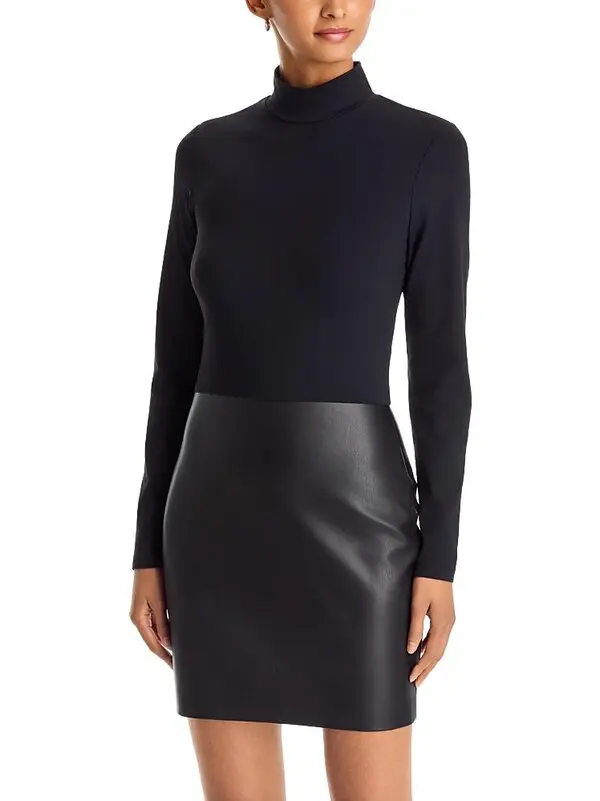 Aqua Turtleneck Mixed Media Faux Leather Dress - Black